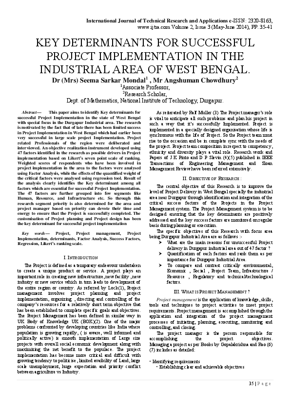 (PDF) KEY DETERMINANTS FOR SUCCESSFUL PROJECT IMPLEMENTATION IN THE INDUSTRIAL AREA OF WEST BENGAL
