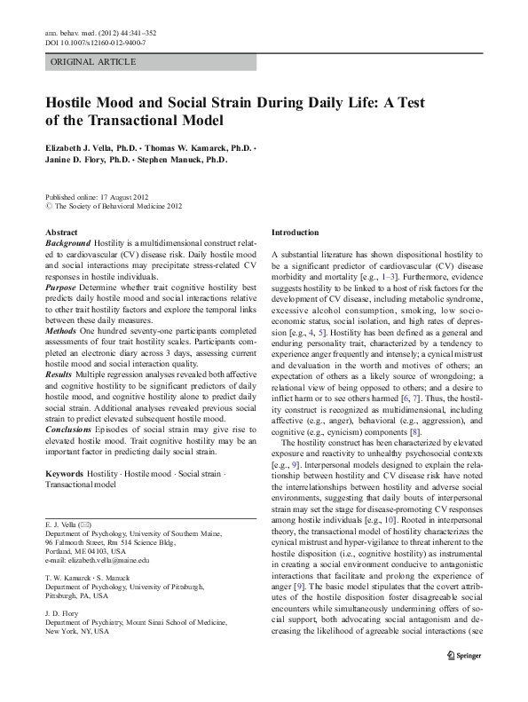 (PDF) Hostile Mood and Social Strain During Daily Life: A Test of the ...
