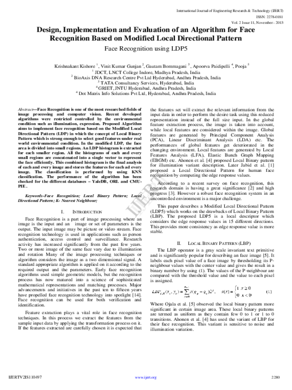 Pdf Design Implementation And Evaluation Of An Algorithm For Face Recognition Based On