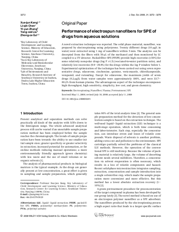 (PDF) Performance of electrospun nanofibers for SPE of drugs from aqueous solutions