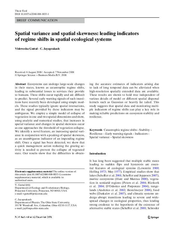 Pdf Spatial Variance And Spatial Skewness Leading Indicators Of Regime Shifts In Spatial