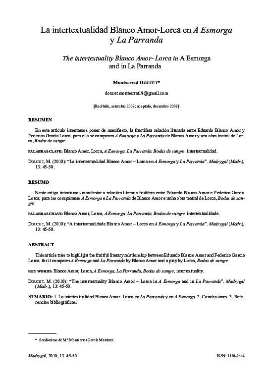(PDF) La intertextualidad Blanco Amor-Lorca en A Esmorga y La Parranda