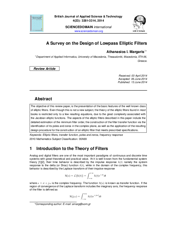 (PDF) A Survey on the Design of Low Pass Elliptic Filters