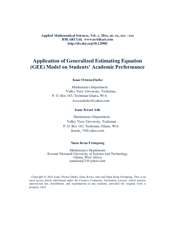 (PDF) Application of Generalized Estimating Equation (GEE) Model on Students' Academic Performance