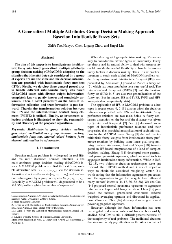 Pdf A Generalized Multiple Attributes Group Decision Making Approach Based On Intuitionistic