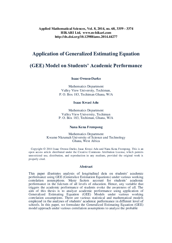 Pdf Application Of Generalized Estimating Equation Gee Model On