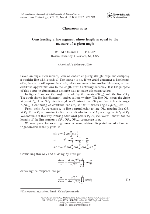 Pdf Constructing A Line Segment Whose Length Is Equal To The Measure Of A Given Angle Walt