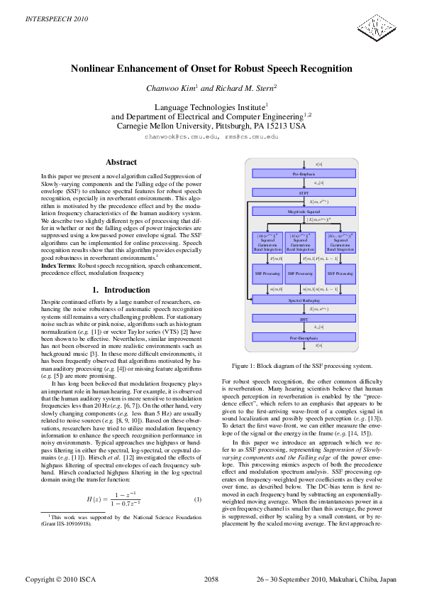 (PDF) Nonlinear enhancement of onset for robust speech recognition