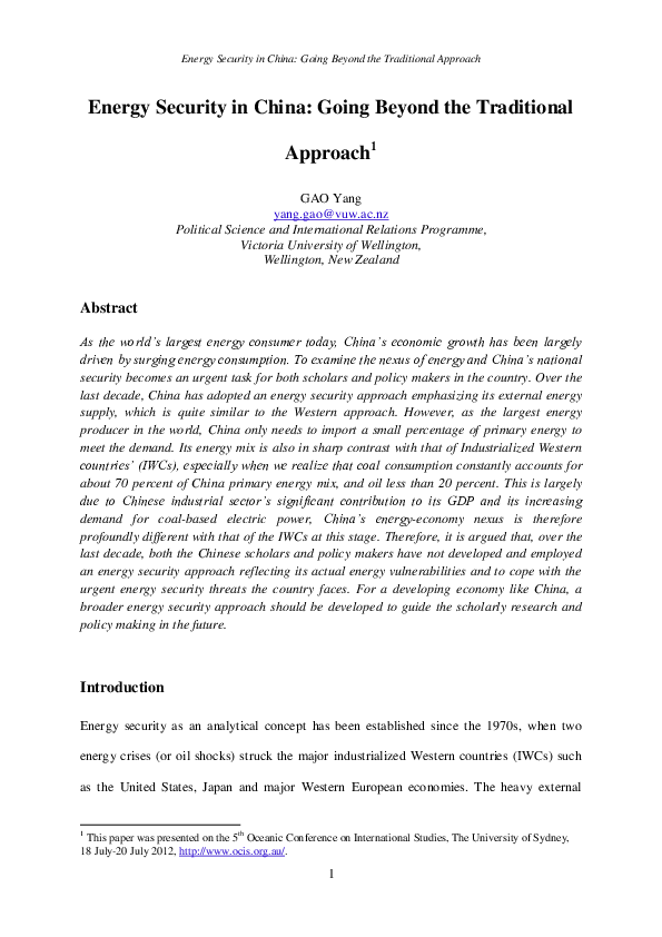 (PDF) Energy Security in China: Beyond Traditional Approach