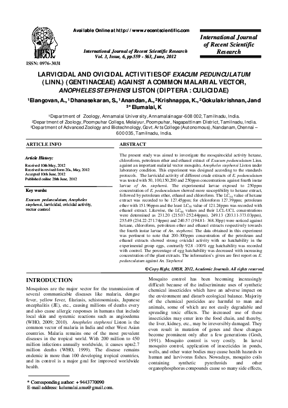 (PDF) LARVICIDAL AND OVICIDAL ACTIVITIES OF EXACUM PEDUNCULATUM (LINN.) (GENTINACEAE) AGAINST A ...
