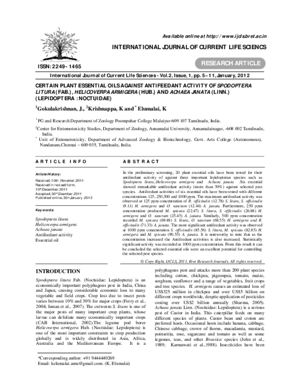 (PDF) CERTAIN PLANT ESSENTIAL OILS AGAINST ANTIFEEDANT ACTIVITY OF SPODOPTERA LITURA (FAB ...