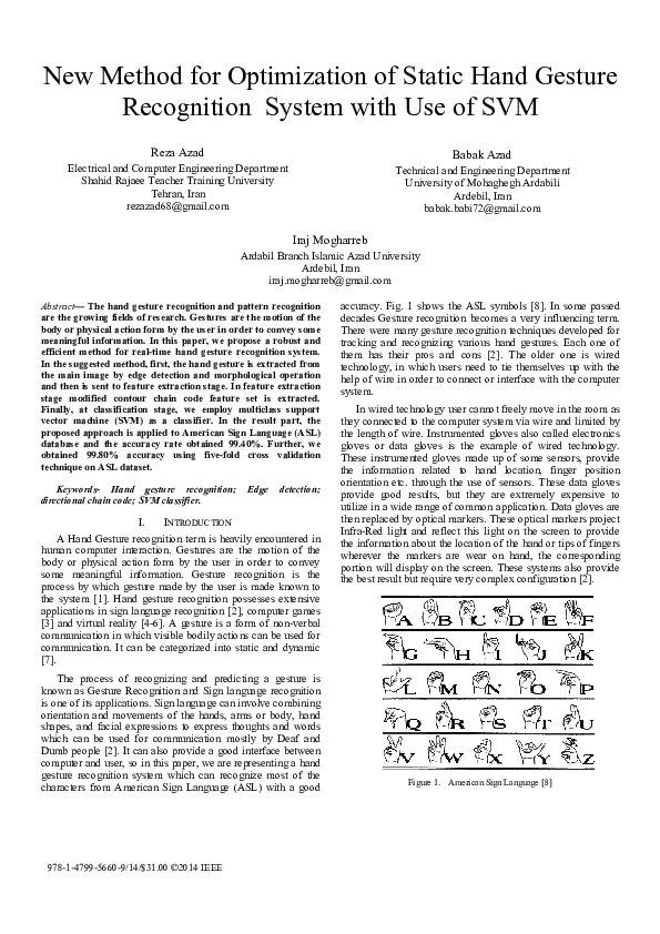 Pdf New Method For Optimization Of Static Hand Gesture Recognition System With Use Of Svm