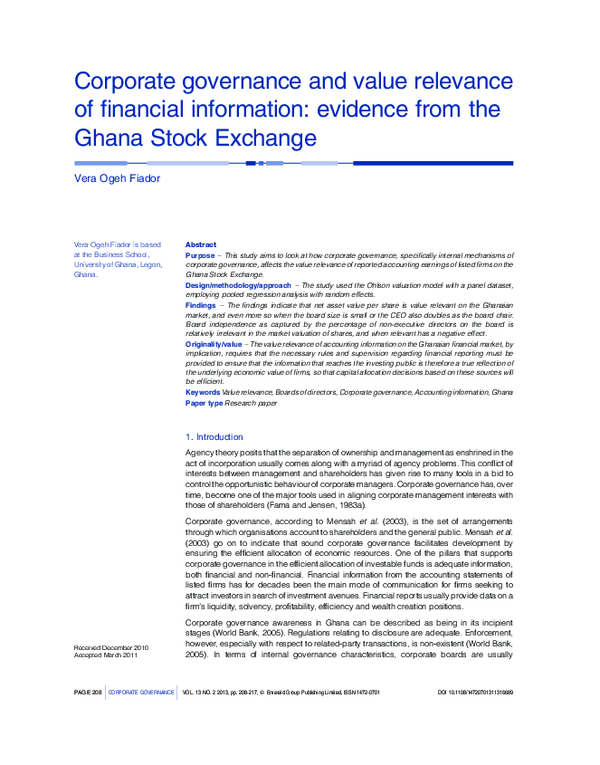 (PDF) Corporate governance and value relevance of financial information: evidence from the Ghana ...
