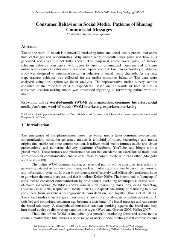 (PDF) Consumer Behavior in Social Media: Patterns of Sharing Commercial ...