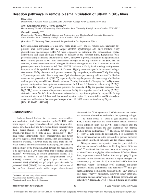 (PDF) Reaction pathways in remote plasma nitridation of ultrathin SiO2 ...