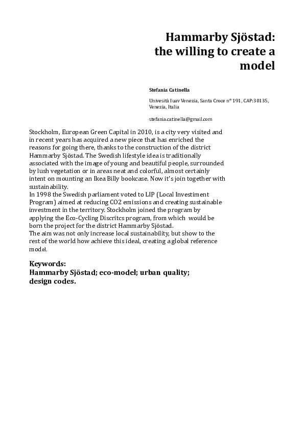 (PDF) Hammarby Sjöstad: la volontà di creare un modello/Hammarby ...