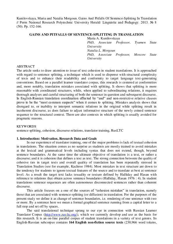(PDF) Gains and Pitfalls of Sentence-Splitting in Translation
