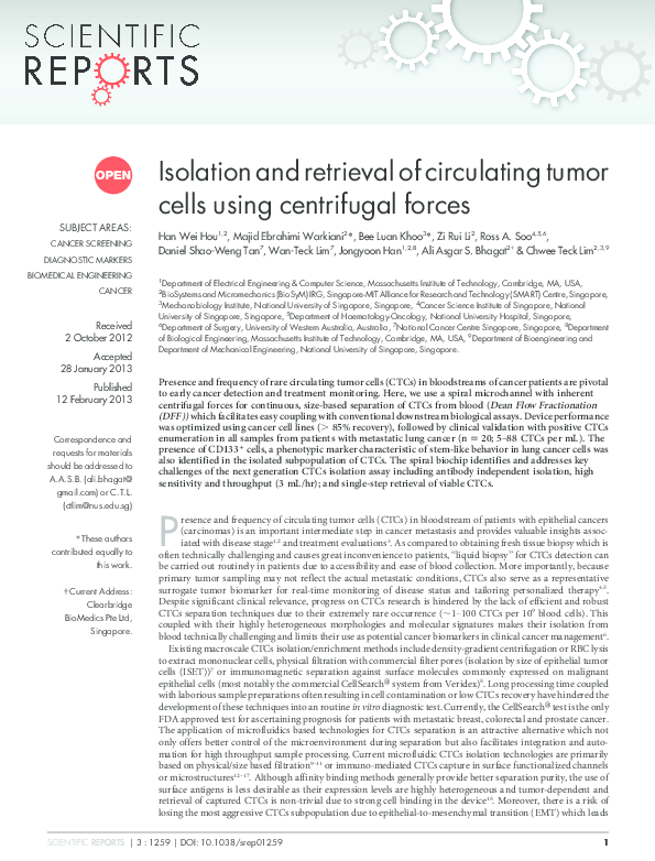 Pdf Isolation And Retrieval Of Circulating Tumor Cells Using