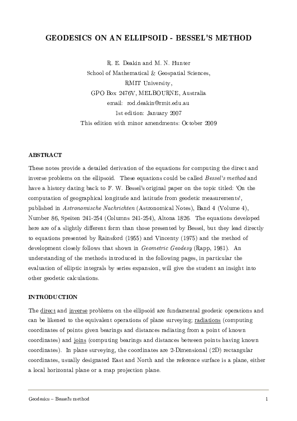 (PDF) Geodesics on an ellipsoid - Bessel's method