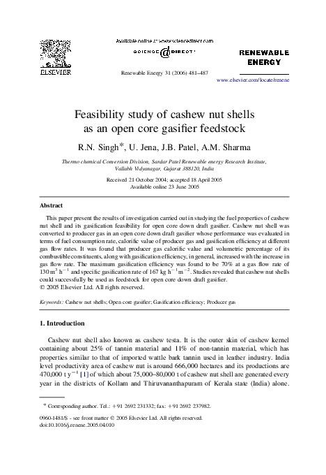 (PDF) Feasibility study of cashew nut shells as an open core gasifier ...