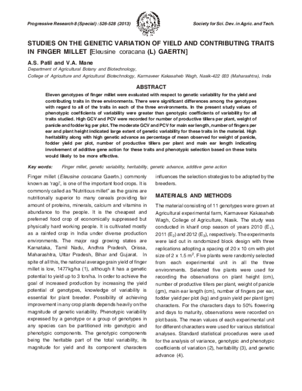 (PDF) STUDIES ON THE GENETIC VARIATION OF YIELD AND CONTRIB UTING TRAITS IN FINGER MILLET ...