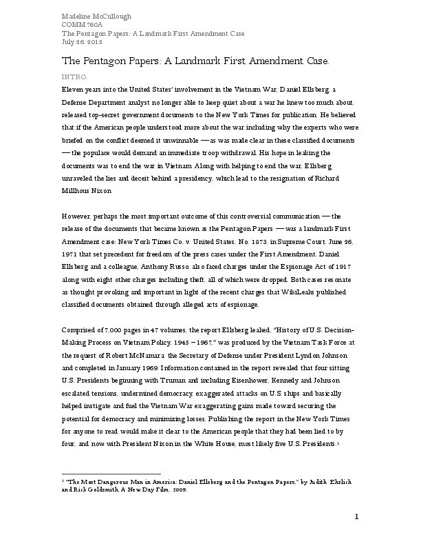 (DOC) The Pentagon Papers: A Landmark First Amendment Case.