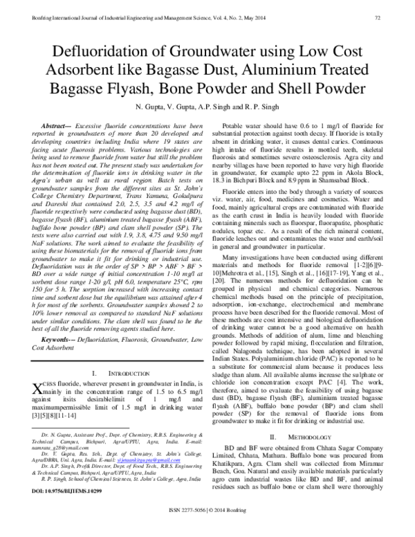 (PDF) Defluoridation of Groundwater using Low Cost Adsorbent like ...