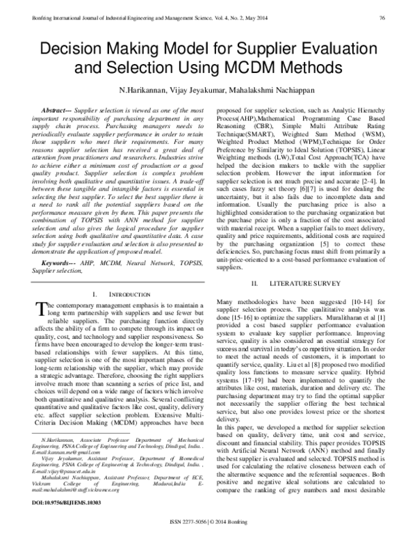 Pdf Decision Making Model For Supplier Evaluation And Selection Using