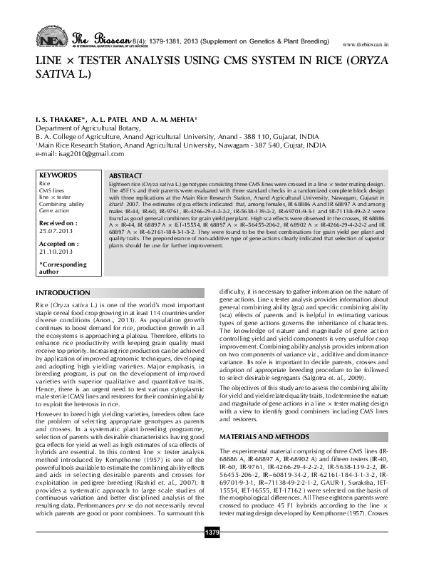 (PDF) LINE × TESTER ANALYSIS USING CMS SYSTEM IN RICE (ORYZA SATIVA L