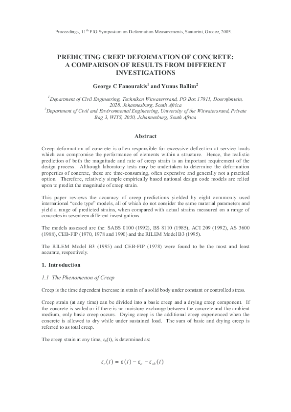 Pdf Predicting Creep Deformation Of Concrete A Comparison Of Result From Different Investigations