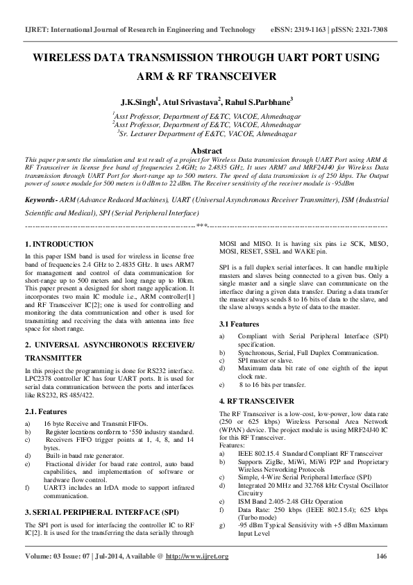 (PDF) WIRELESS DATA TRANSMISSION THROUGH UART PORT USING ARM & RF TRANSCEIVER