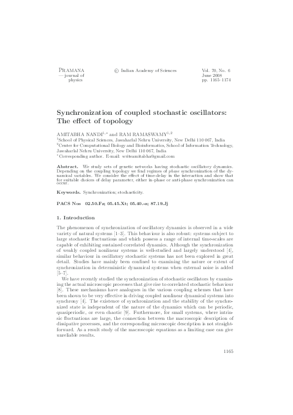 Pdf Synchronization Of Coupled Stochastic Oscillators The Efiect Of Topology