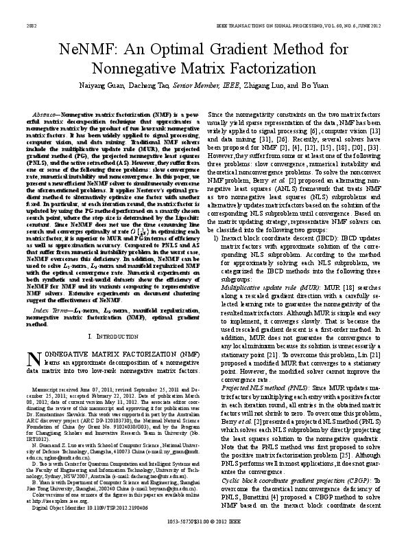 Pdf Nenmf An Optimal Gradient Method For Nonnegative Matrix Factorization