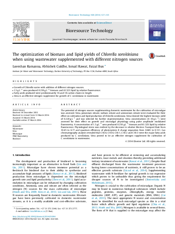 (PDF) The optimization of biomass and lipid yields of Chlorella sorokiniana when using ...