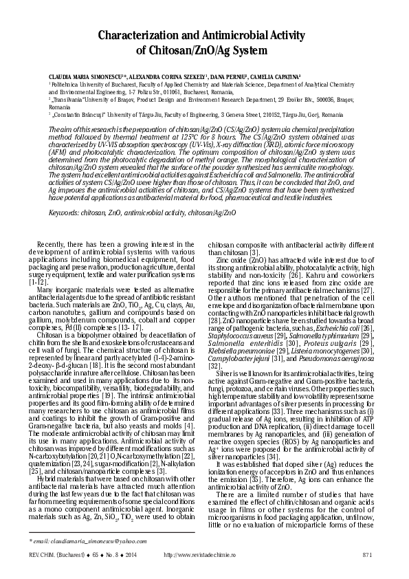 (PDF) Characterization and Antimicrobial Activity of Chitosan/ZnO/Ag System