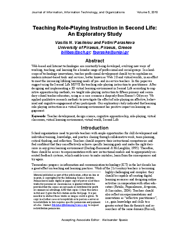 Teaching Role-Playing Instruction in Second Life: An Exploratory Study