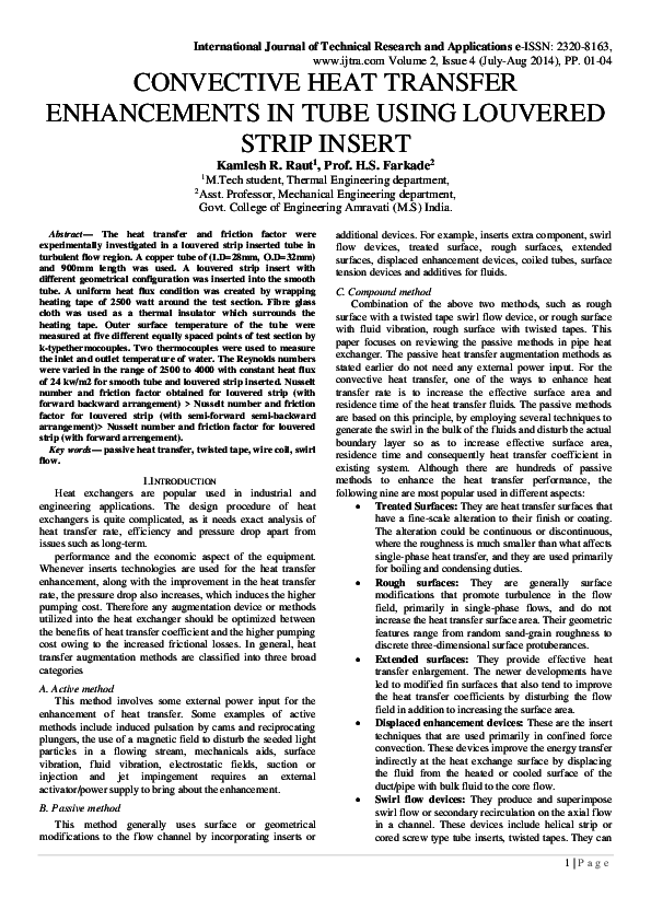(PDF) Convective Heat Transfer Enhancements In Tube Using Louvered ...