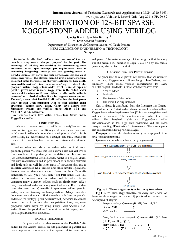 (PDF) Implementation Of 128 Bit Sparse Kogge Stone Adder Using Verilog