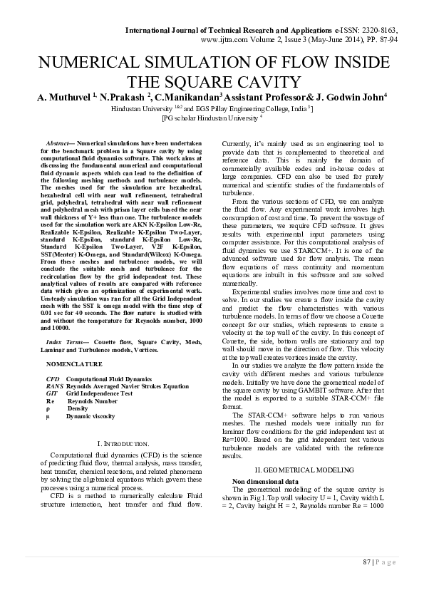 (PDF) Numerical Simulation Of Flow Inside The Square Cavity