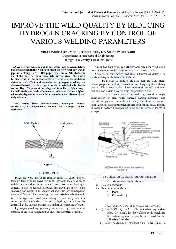(PDF) Improve The Weld Quality By Reducing Hydrogen Cracking By Control ...