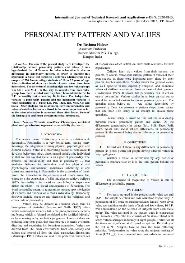 (PDF) Personality Pattern And Values