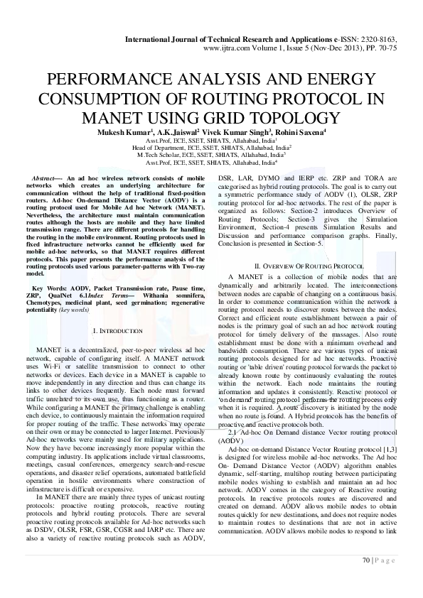 (PDF) Performance Analysis And Energy Consumption Of Routing Protocol In Manet Using Grid Topology