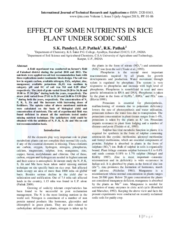 (PDF) Effect Of Some Nutrients In Rice Plant Under Sodic Soils | IJTRA ...