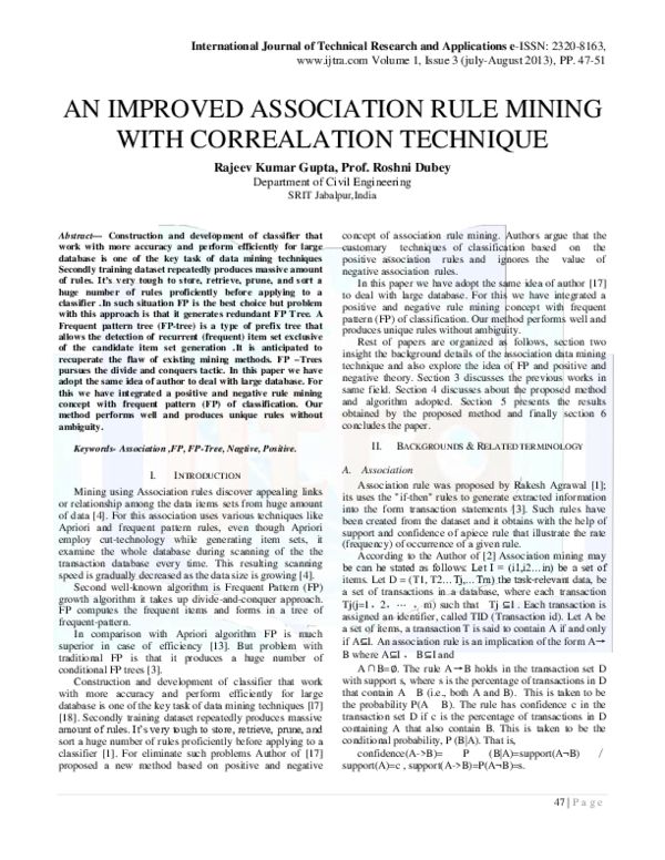 Pdf An Improved Association Rule Mining With Correalation Technique 9844