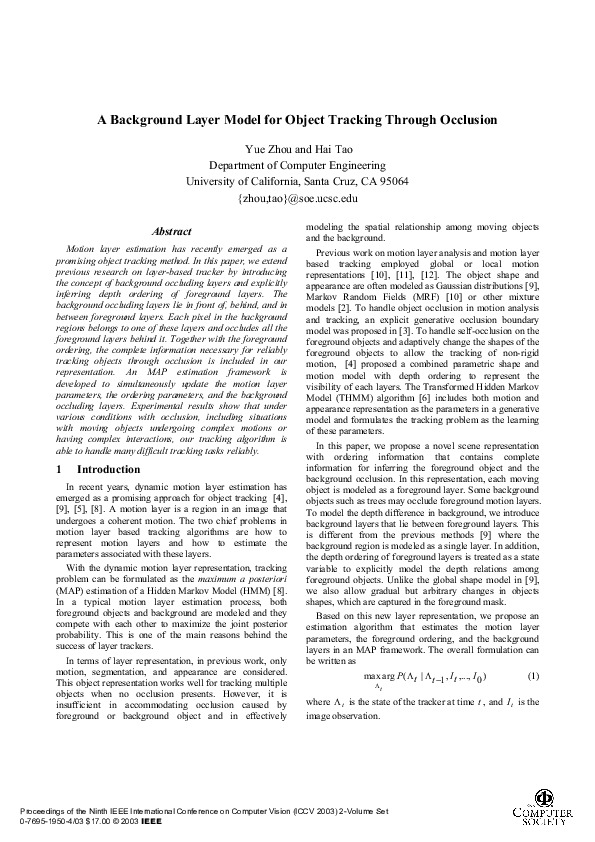 (PDF) A Background Layer Model for Object Tracking Through Occlusion