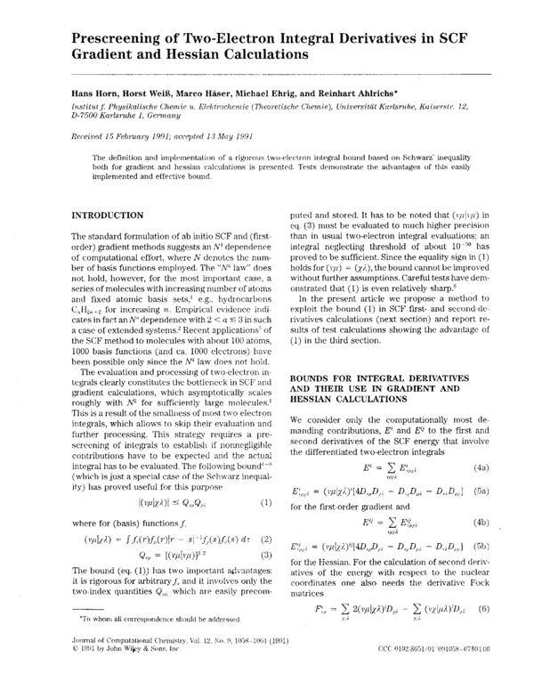 (PDF) Prescreening of two-electron integral derivatives in SCF gradient and Hessian calculations