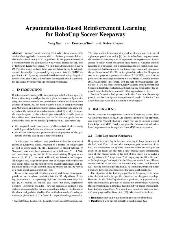 (PDF) Argumentation Based Refinforcement Learning for RoboCup Soccer Keepaway