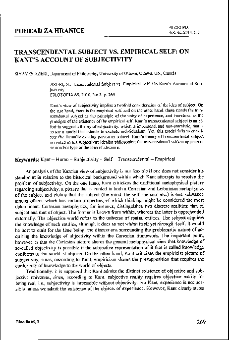 (PDF) Transcendental Subject vs. Empirical Self | Siyaves Azeri ...