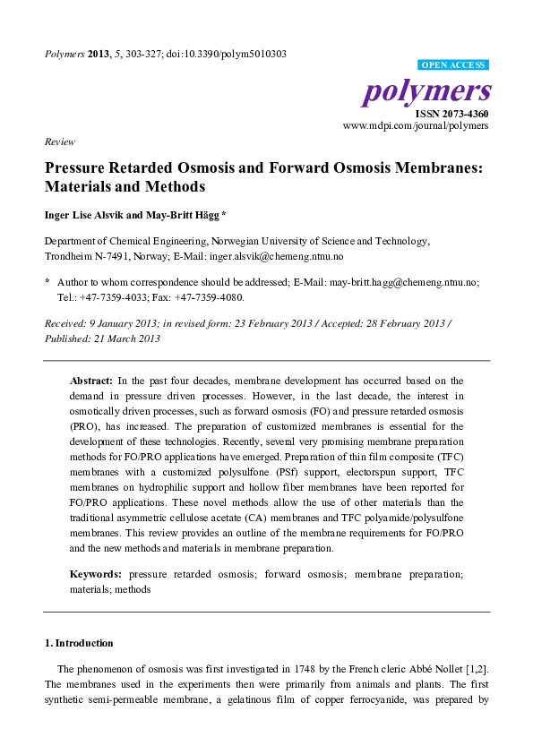Pdf Pressure Retarded Osmosis And Forward Osmosis Membranes Materials And Methods