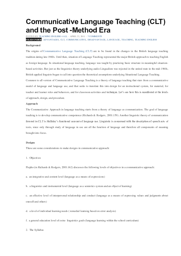 (DOC) Communicative Language Teaching (CLT) and the Post -Method Era ...